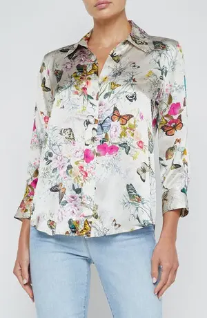 L'Agence Dani Butterfly Print Silk Shirt - White Multi Charonda Butterfly