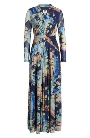 white dress with blue flowers maxi Open-Back Blue Floral-Print Long White Lace Prom Dress Blue/Print / 6 main image 0