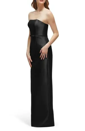 Alfred Sung Strapless Bow Belt Satin Twill Column Gown - Black