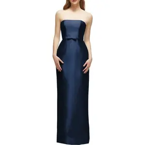 Alfred Sung Strapless Bow Belt Satin Twill Column Gown - Midnight