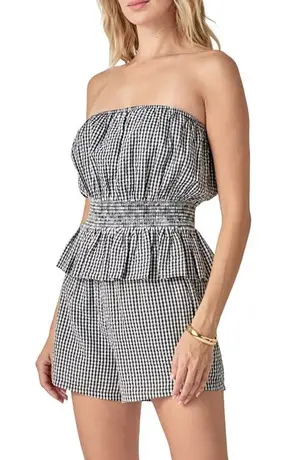 English Factory Gingham Strapless Peplum Top