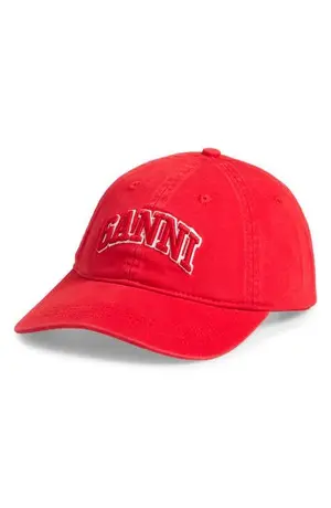 GANNI Washed Cotton Canvas Baseball Cap Fiery Red