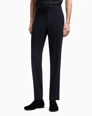 Giorgio Armani Virgin Wool Crêpe Flat-front Trousers - Navy_blue