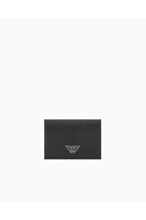 Emporio Armani Asv Regenerated Saffiano Leather Card Holder With Flap And Eagle Plate - Black