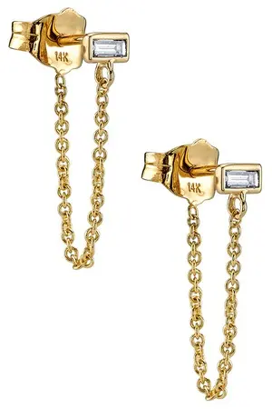 SYDNEY EVAN Baguette Stud Chain Earrings - Gold & Diamonds