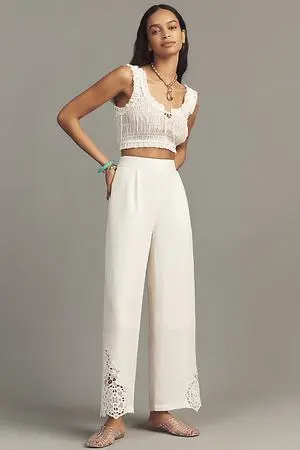 RANNA GILL Linen Blend Embroidered Wide-leg Pants - White