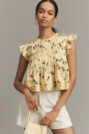 PILCRO Pleated Short-sleeve Top - Ivory Pattern