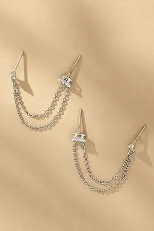 Ettika Double Piercing Chain Dangle Earrings - Silver