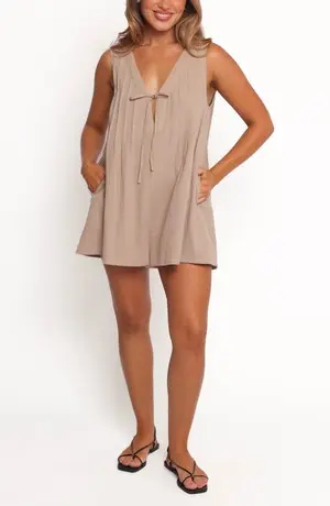 PETAL & PUP Sleeveless Cotton Tie-Front Romper Mocha