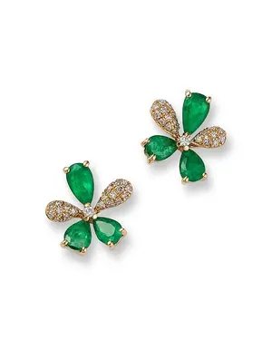 Bloomingdale'S Emerald And Diamond Flower Stud Earrings - Green/gold