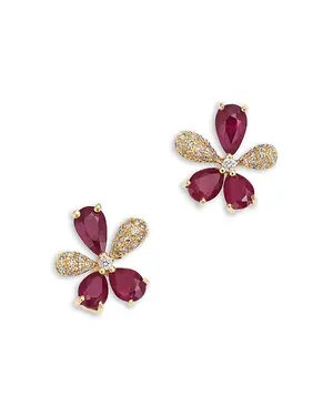 Bloomingdale'S Emerald And Diamond Flower Stud Earrings - Ruby/gold