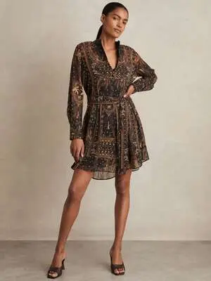 REISS Botanical-print Chiffon Mini Dress