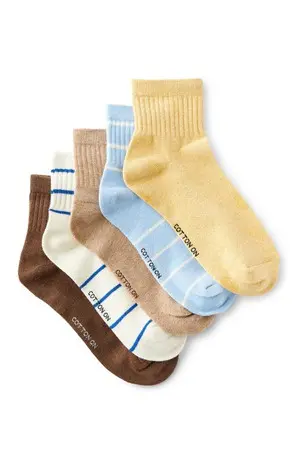 COTTON ON 5-pack Quarter Crew Socks - Beige Blue Stripe Mix