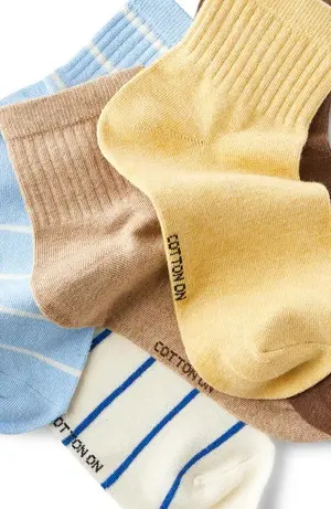 COTTON ON 5-pack Quarter Crew Socks - Beige Blue Stripe Mix