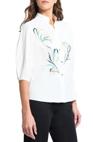 Misook Floral Embroidered Button-up Shirt