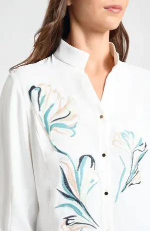 Misook Floral Embroidered Button-up Shirt