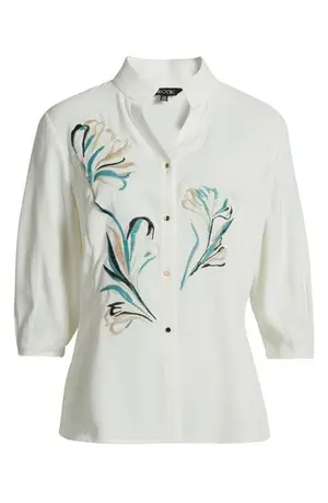 Misook Floral Embroidered Button-up Shirt