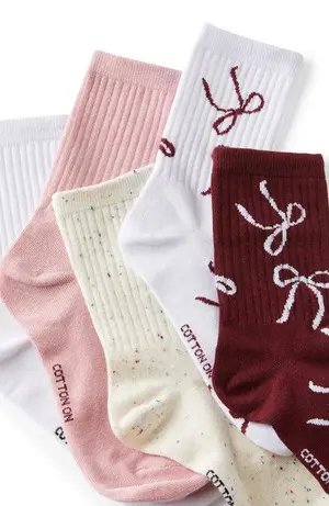 COTTON ON 5-pack Crew Socks - Ruby Pink Bow Mix