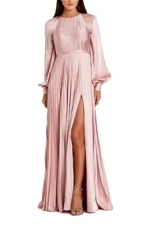 Mac Duggal Pleated High Neck Raglan Long Sleeve Side Slit Gown - Blush