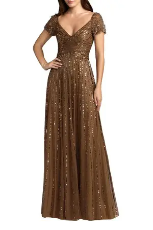 Mac Duggal Beaded V-neck Gown - Chocolate
