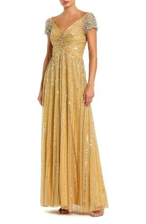 Mac Duggal Beaded V-neck Gown - Gold