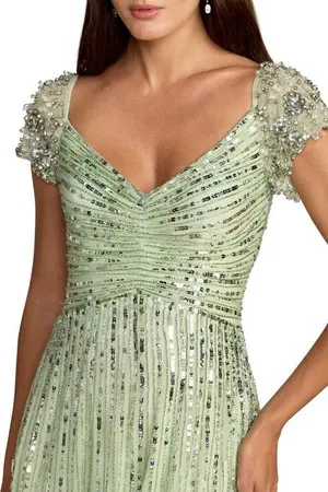 Mac Duggal Beaded Cap Sleeve V-neck A-line Evening Gown - Sage