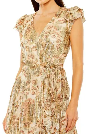 Mac Duggal Flutter Sleeve Floral Wrap Midi Dress