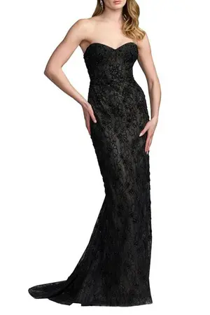 Mac Duggal Beaded Strapless Bustier Gown With Cape - Black