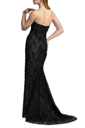 Mac Duggal Beaded Strapless Bustier Gown With Cape - Black