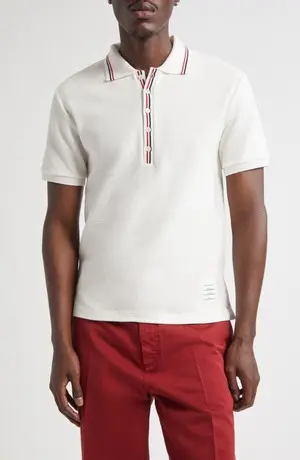 Thom Browne Stripe Trim Waffle Stitch Polo