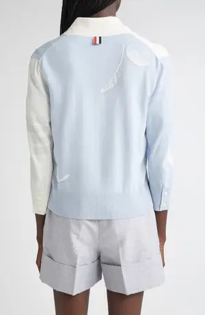 Thom Browne 4-bar Feather Intarsia Three Quarter Sleeve Cardigan