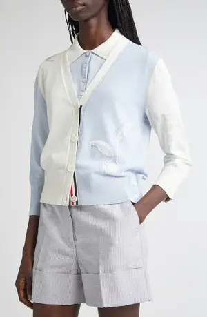 Thom Browne 4-bar Feather Intarsia Three Quarter Sleeve Cardigan