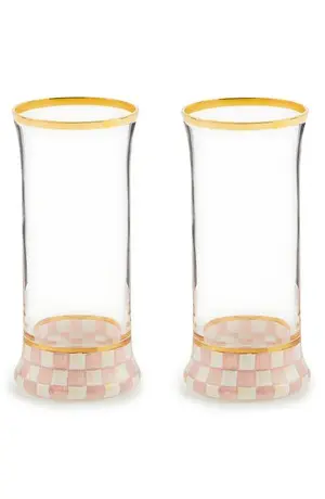 MACKENZIE-CHILDS Rosy Check Set Of 2 Highball Glasses - Pink/white