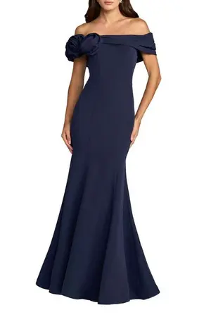 Mac Duggal Off The Shoulder Crepe Mermaid Gown - Navy