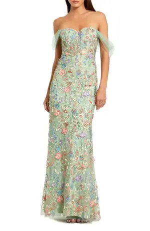 Mac Duggal Off-the-shoulder Embroidered Net Gown - Sage Multi