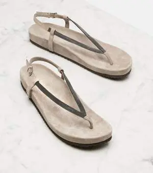 Brunello Cucinelli Monili Suede Thong Sandals - Grey