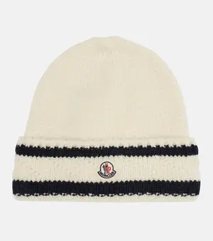 Moncler Logo Striped Wool-blend Beanie - Beige