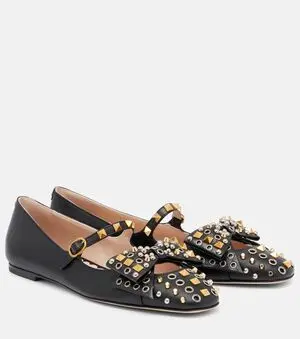 Valentino Garavani Bowow Studded Leather Ballet Flats - Black