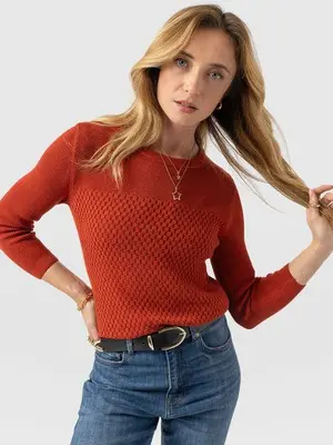 SAINT + SOFIA Honeycomb Ribbed 3/4 Sleeve Sweater - Amber