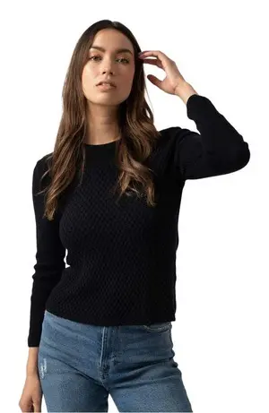 SAINT + SOFIA Honeycomb Ribbed 3/4 Sleeve Sweater - Black