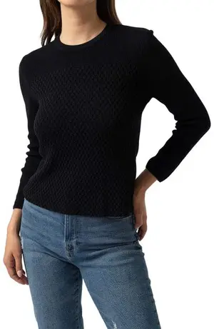 SAINT + SOFIA Honeycomb Ribbed 3/4 Sleeve Sweater - Black