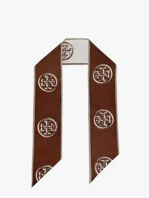 Tory Burch Medallion Logo Ribbon Silk Tie Brown