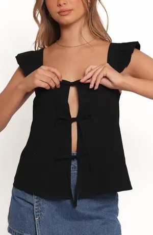 PETAL & PUP Elsie Cotton Tie-front Top - Black