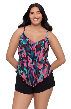 TRIMSHAPER Ronnie 2 Tier Ruffle Tankini Swimsuit Top Collage Patch