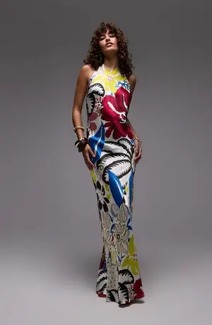 Topshop Satin Halter Maxi Dress - White Multi