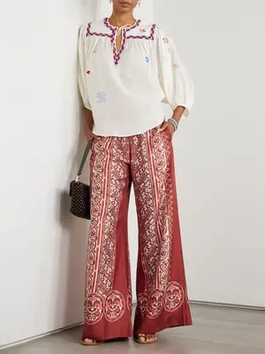 La DoubleJ Icon Palazzo Printed Silk-twill Wide-leg Pants - Red