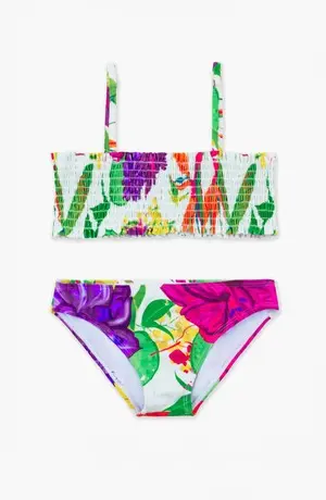 LIMEAPPLE Floral Printed Smocked Bikini - Purple Multicolor