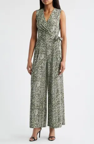Anne Klein Wrap Bodice Print Jumpsuit - Olive Palm Multi