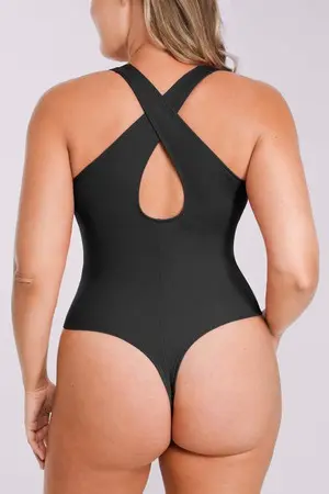 SHAPELLX Airslim Deep V-neck Cross Back Shaping Bodysuit - Jet Black