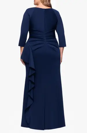 XSCAPE EVENINGS Ruched Scuba Knit Ruffle Gown - Midnight